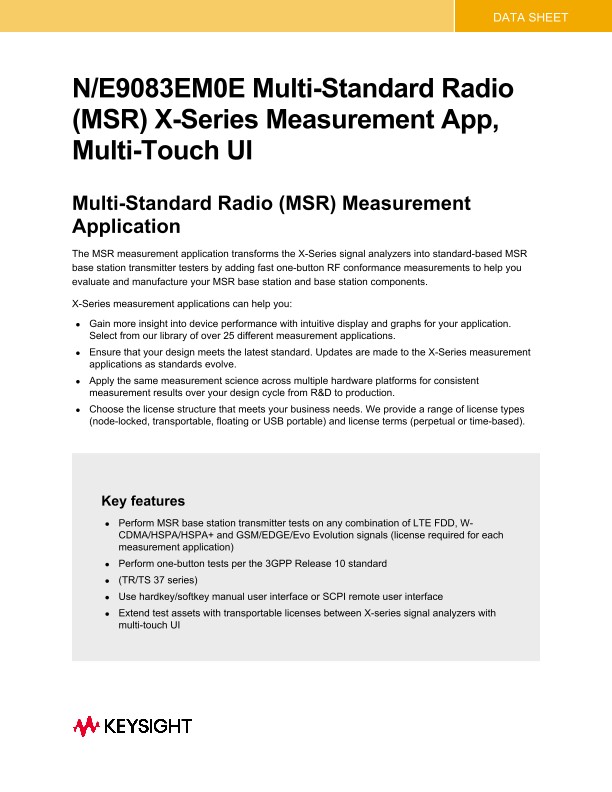N/E9083EM0E Multi-Standard Radio (MSR) X-Series Measurement App, Multi-touch UI PDF Asset Page ...